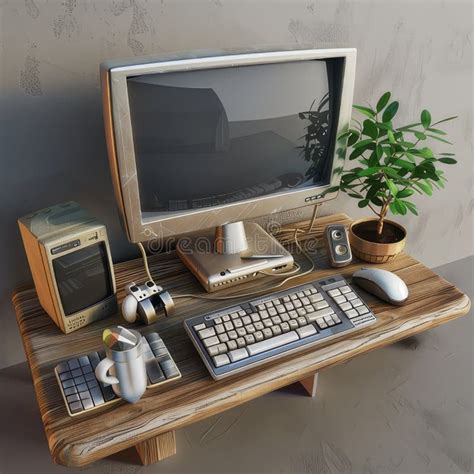 A Computer Desk With A Monitor Keyboard And Mouse Stock Illustration