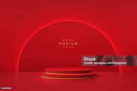 글로우 네온 반원 모양의 배경 장면이 있는 사실적인 빨간색 3d 실린더 연단 배경 최소한의 모형 또는 추상적인 제품 전시 프레젠테이션 무대 쇼케이스 플랫폼 벡터 기하학적