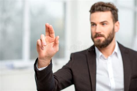 Man Pointing On The Virtual Screen Stock Image Image Of Person Touch 85230219