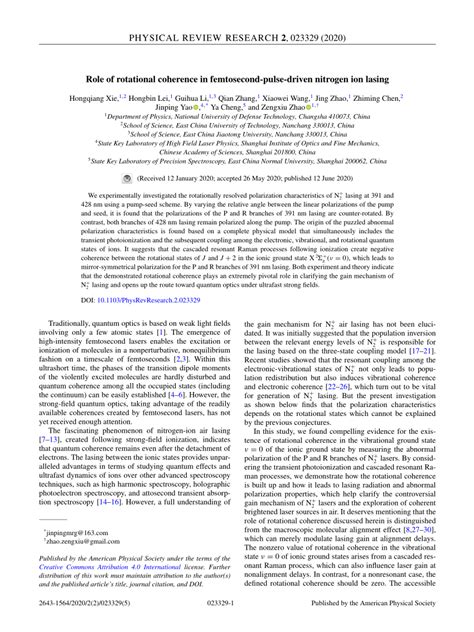 Pdf Role Of Rotational Coherence In Femtosecond Pulse Driven Nitrogen
