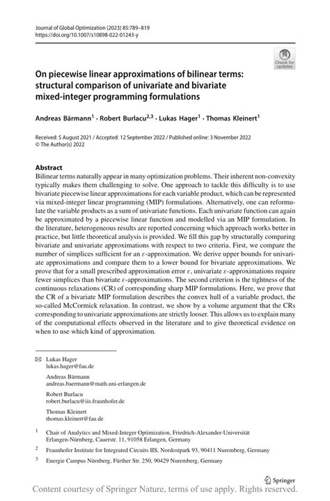 Pdf On Piecewise Linear Approximations Of Bilinear Terms Structural Comparison Of Univariate