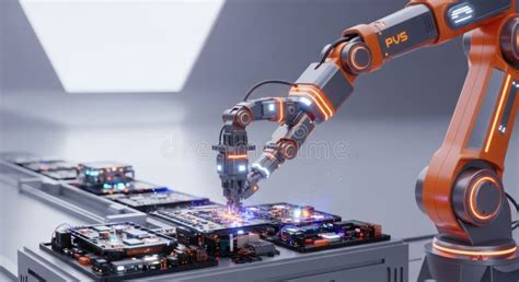 Automated Robotic Arm Precisely Working On Microchips In An Assembly Line In A Futuristic