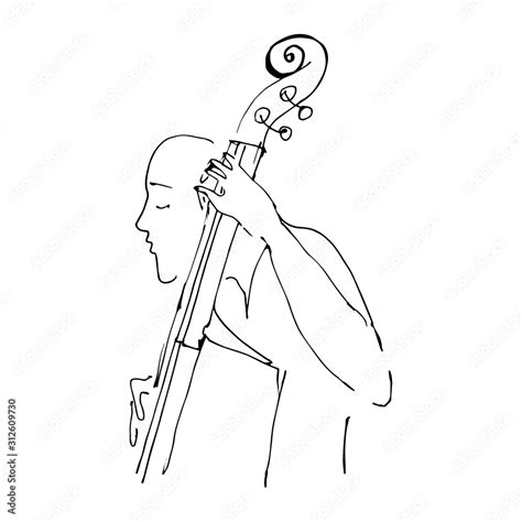 Continuous One Line Drawing Of Bass Cello Music Instrument Player Girl