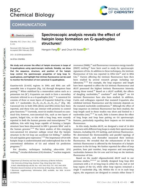 Pdf Spectroscopic Analysis Reveals The Effect Of Hairpin Loop Formation On G Quadruplex Structures