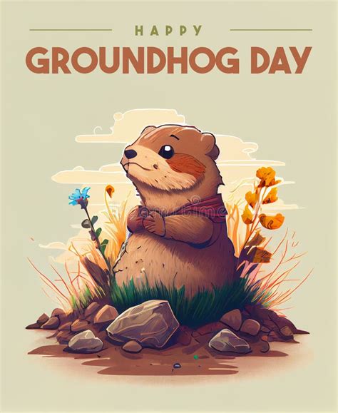 Happy Groundhog Day Poster Cute Groundhog With Floral Background