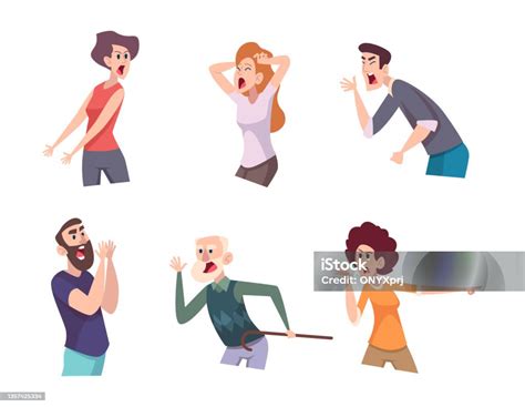 문자를 외치는 성난 사람들 공격적인 표현 대화 응원 대화 충돌 이야기 사람 부정적인 군중 정확한 벡터 만화 일러스트 여자에 대한