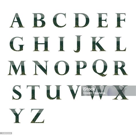 자연 장면 알파벳입니다 안개가 자욱한 영어 풍경 문자 평면 벡터 스타일의 흰색 배경에 격리된 스톡 벡터 그림 0명에 대한 스톡