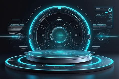 Hud 요소 인터페이스 Ui Gui 웹 프레젠테이션 반이는 빛 효과와 함께 3d 무대 홀로그램 프로젝터와 함께 Scifi 디지털 포디움 터 일러스트 프리미엄 사진