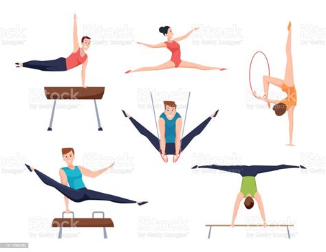 체육 교사 운동 선수 캐릭터 곡예 이동 피트니스 훈련 체조 요소 용 여자와 남자 정확한 벡터 스포츠 사람들 남성에 대한 스톡 벡터 아트 및 기타 이미지 Istock