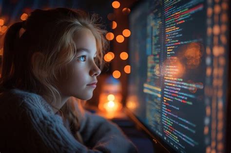Young Girl Coding Intently On A Computer In The Room At Home Premium