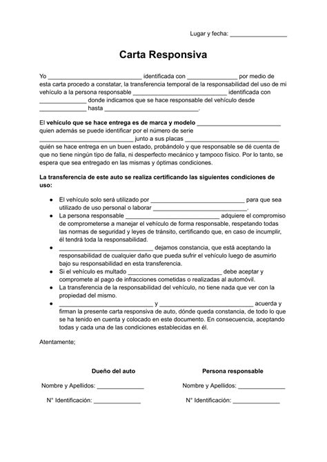 Carta Responsiva De Auto ≫ Ejemplos En Word Y Pdf ️