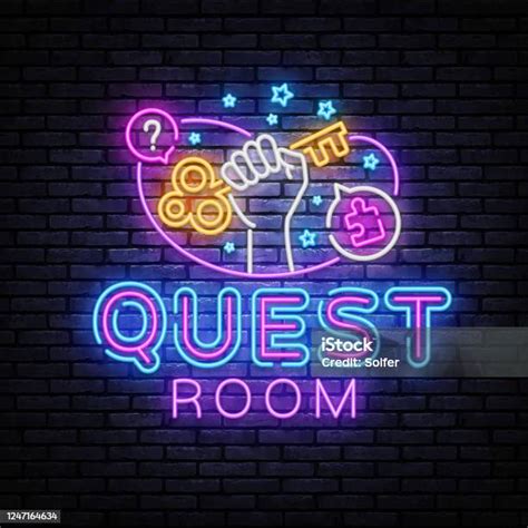 탈출 방 네온 기호 벡터 퀘스트 룸 디자인 템플릿 라이트 배너 야간 간판 야간 밝은 광고 빛 비문 벡터 일러스트레이션 가정의 방에 대한 스톡 벡터 아트 및 기타 이미지