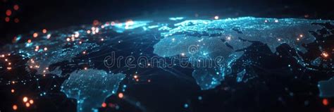 Digital World Map Represented By Glowing Dots And Connections Against A Dark Background