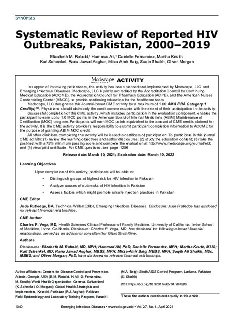 Pdf Systematic Review Of Reported Hiv Outbreaks Pakistan 2000 2019