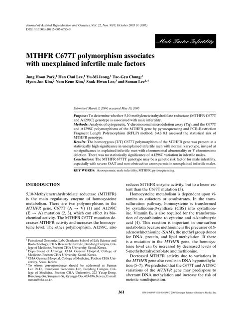 Pdf Mthfr C677t Polymorphism Associates With Unexplained Infertile Male Factors