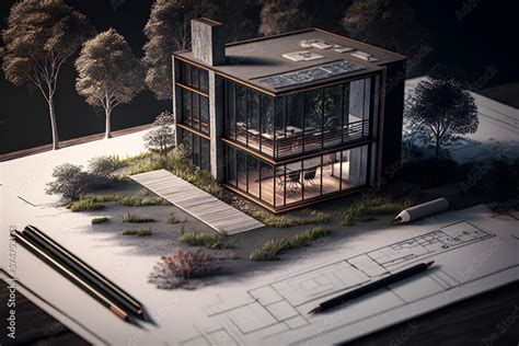 3d Modelled Building Pops Up Over The 2 Dimensional Floor Plan Drawing Shallow Dept Of Field