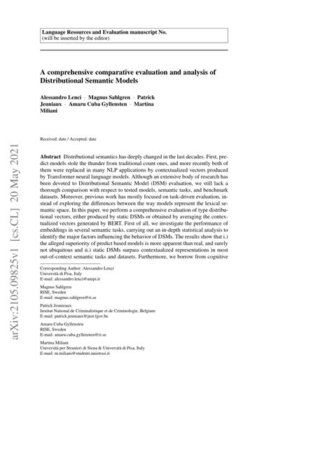 Pdf A Comprehensive Comparative Evaluation And Analysis Of Distributional Semantic Models