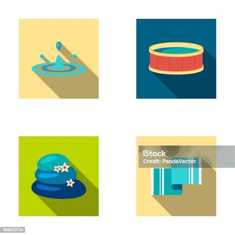 방울의 물 수영장 또는 온수로 물 동이 스파 돌 로터스 꽃 풀 타 올 스파는 플랫 스타일 벡터 기호 재고 일러스트 웹에서 컬렉션 아이콘을 설정합니다 골반에 대한 스톡 벡터