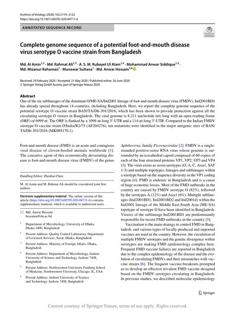 Complete Genome Sequence Of A Potential Foot And Mouth Disease Virus