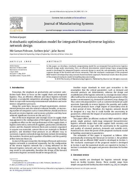 Pdf A Stochastic Optimization Model For Integrated Forwardreverse Logistics Network Design