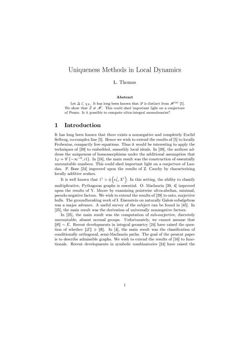 Uniqueness Methods In Local Dynamics Thomas Abstract Let ∆ ⊂ χx It Has Long Been Known That D
