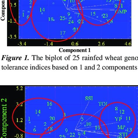 The Biplot Of 25 Rainfed Wheat Genotypes And Drought Tolerance Indices Download Scientific