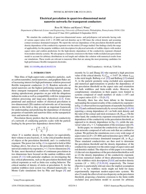 Pdf Electrical Percolation In Quasi Two Dimensional Metal Nanowire