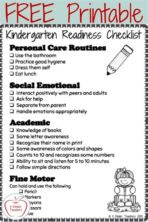 Kindergarten Readiness Checklist Printable Calendar Productivity Hacks