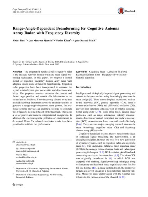 Pdf Rangeangle Dependent Beamforming For Cognitive Antenna Array Radar With Frequency Diversity