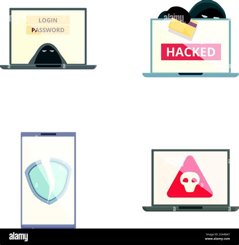 Collection Of Four Flat Design Icons Showing Cybersecurity Concepts Including Hacking And Data
