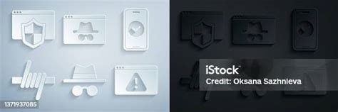시크릿 모드 스마트폰 가시철선 느낌표가 있는 브라우저 시크릿 윈도우 및 쉴드 아이콘을 설정합니다 벡터 3차원 형태에 대한 스톡 벡터 아트 및 기타 이미지 Istock