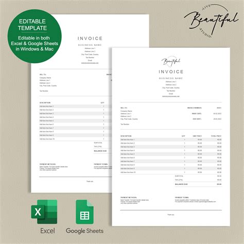 Invoice Template Excel Spreadsheet Google Sheet DIGITAL DOWNLOAD