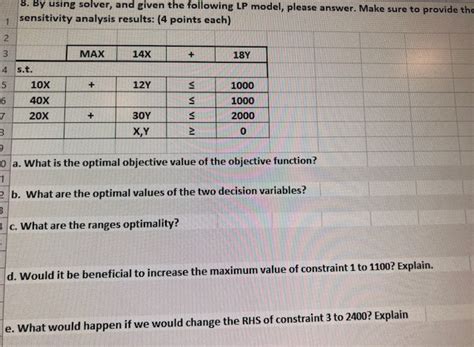 Solved 8 By Using Solver And Given The Following Lp Model