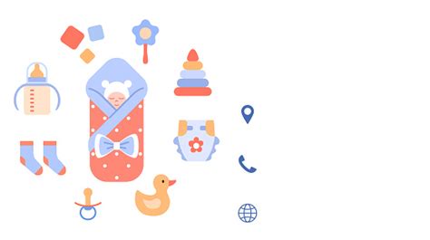 베이비 스토어 비즈니스 또는 할인 카드 디자인 템플릿 평평한 Id 장난감 우유 병 양말 젖꼭지 기저귀가있는 분홍색 담요에 신생아 연락처 휴대 전화 웹 레이아웃 벡터