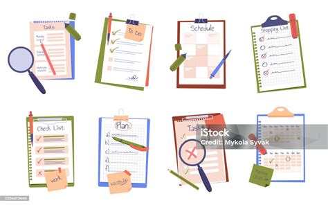 쇼핑 할 일 목록 일정 체크리스트 계획 작업 및 달력 종이 시트가 설정된 클립보드 리스트에 대한 스톡 벡터 아트 및 기타 이미지