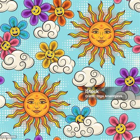 미소 짓는 얼굴 구름 흩어져있는 작은 카모마일 꽃과 태양과 완벽 한 패턴 만화 이모티콘 캐릭터와 같은 행복한 꽃 그루비 히피 복고풍 보헤미안 스타일 티셔츠 아이 디자인 0