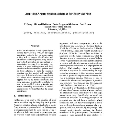 Applying Argumentation Schemes For Essay Scoring Acl Anthology