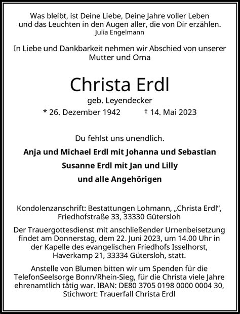 Traueranzeigen Von Christa Erdl Ga Trauer De