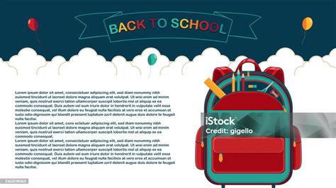 학교 배너 포스터로 돌아 가기 벽 배낭 문구류 줄 지어 종이에 풍선 벡터 일러스트 레이 션 개념에 대한 스톡 벡터 아트 및 기타 이미지 Istock