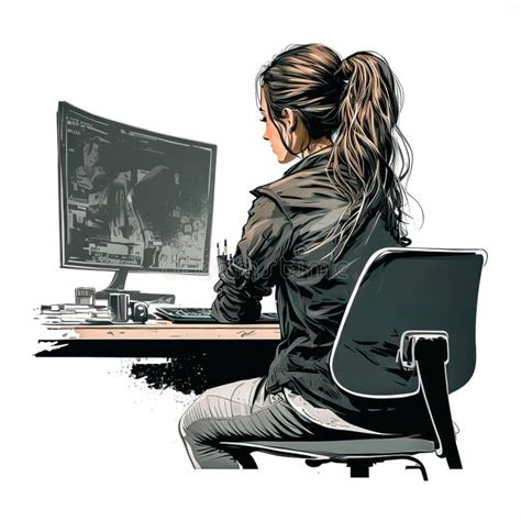 A Young Woman Working On A Computer Generative Ai Stock Illustration Illustration Of
