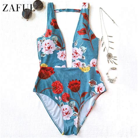 Buy Zaful 2017 Women New Plunging Neck Floral Swimwear Female Floral Swimsuit