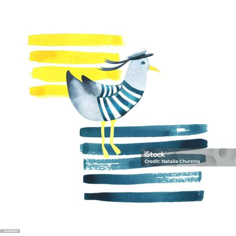 조끼를 입은 바다 갈매기와 파란색과 노란색 줄무늬의 배경에 선원 모자 수채화 그림 손으로 그린 아이들의 스타일로 흰색 배경에 고립된 구성입니다 갈매기에 대한 스톡 벡터 아트