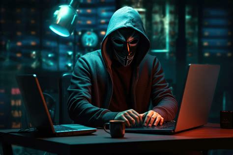 ai generated a hacker wearing anonymous mask and hacking pc ai