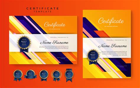 고급 배지와 현대적인 라인 패턴이있는 현대 파란색 오렌지 노란색 업적 테두리 템플릿 수상 비즈니스 및 교육 요구 사항 0명에 대한 스톡 벡터 아트 및 기타 이미지 Istock