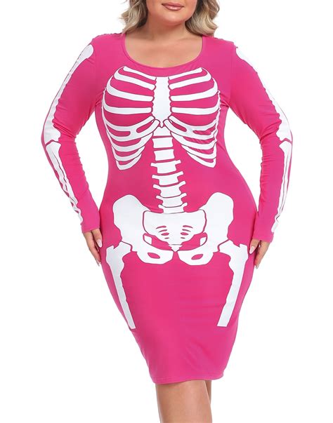 Hde Plus Size Skeleton Dress Stretchy Long Sleeve Halloween Costume Hot Pink 4x