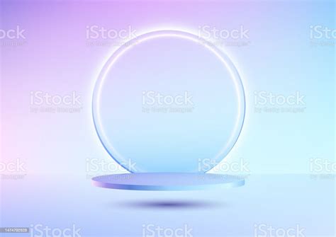 3d 현실적인 파란색과 분홍색 그라데이션 빈 연단은 원형 투명 유리와 네온 조명 배경으로 공중에서 펄럭이며 최소 벽 장면 배경