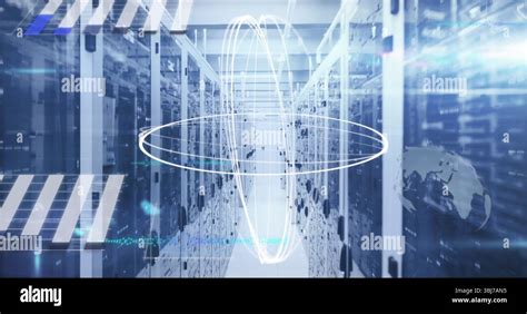 Digital Overlays Glowing In Data Center Corridor With Server Racks Cables And Blinking Lights