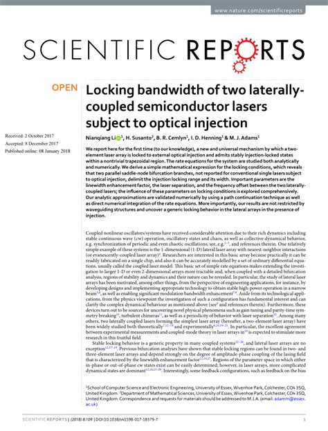 Pdf Locking Bandwidth Of Two Laterally Coupled Semiconductor Lasers Subject To Optical Injection