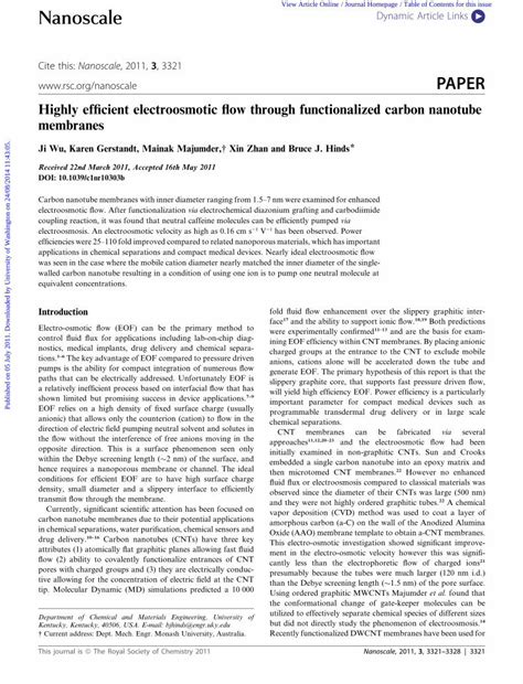 Pdf Highly Efficient Electroosmotic Flow Through Functionalized Carbon Nanotube Membranes