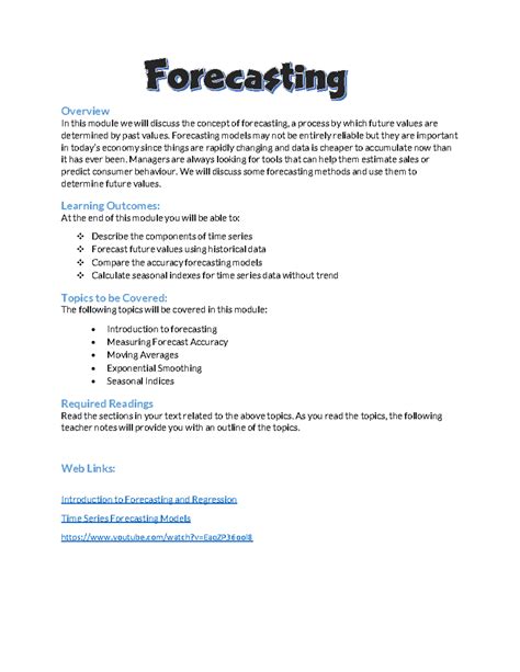 Forcasting Overview In This Module We Will Discuss The Concept Of